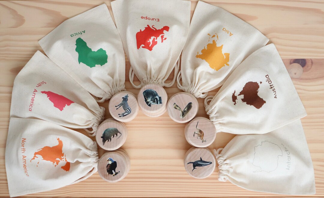 Continents and Animals Learning Set / Montessori Continent Bags With ...