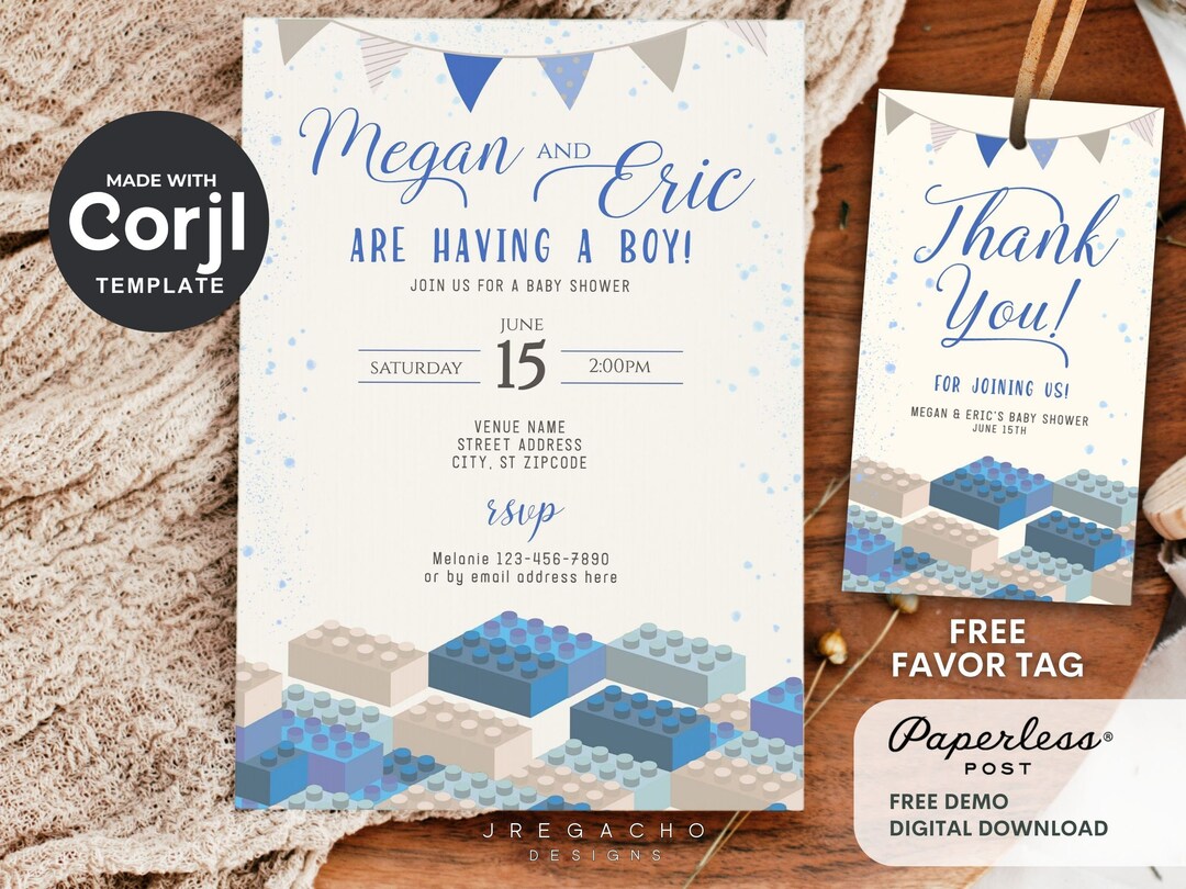 Blue Legos Baby Shower Invite With Favor Tag, Legos Baby Shower Invite ...