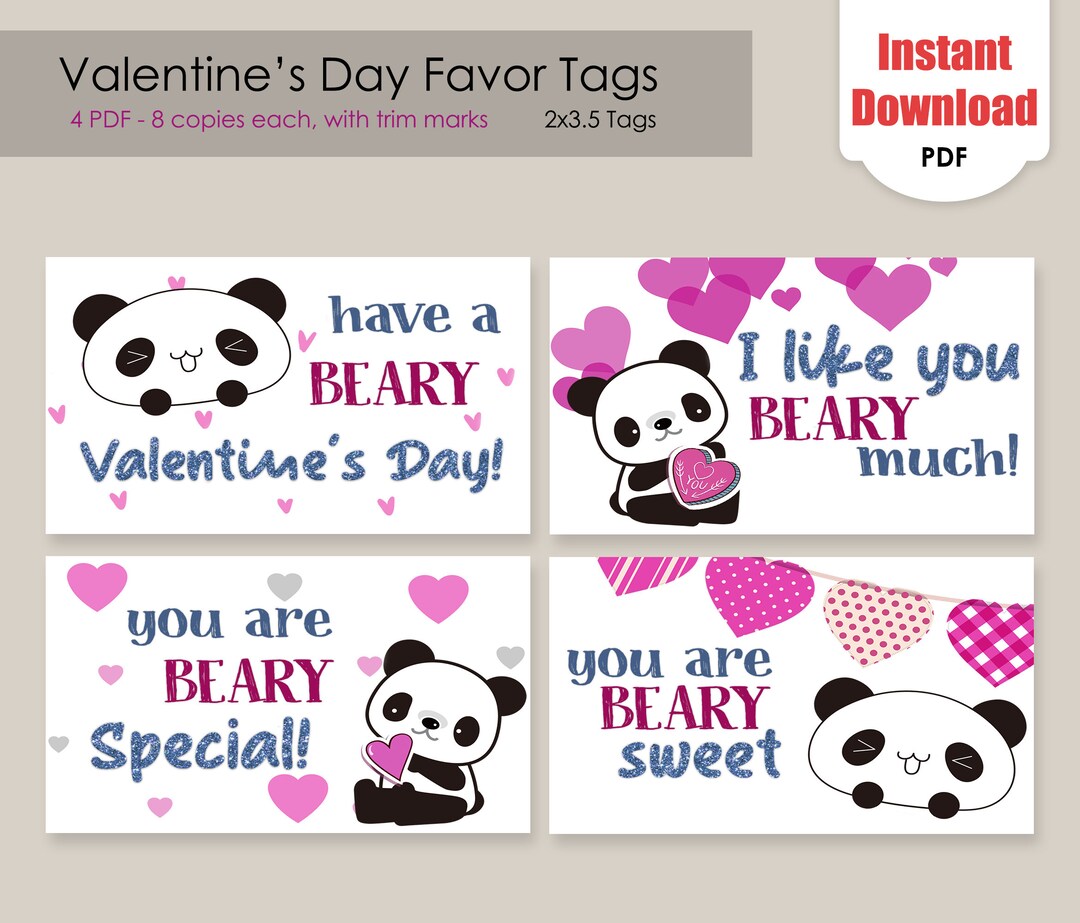 Panda Valentines Day Tags, Kids Valentine's Card, Printable Valentines ...