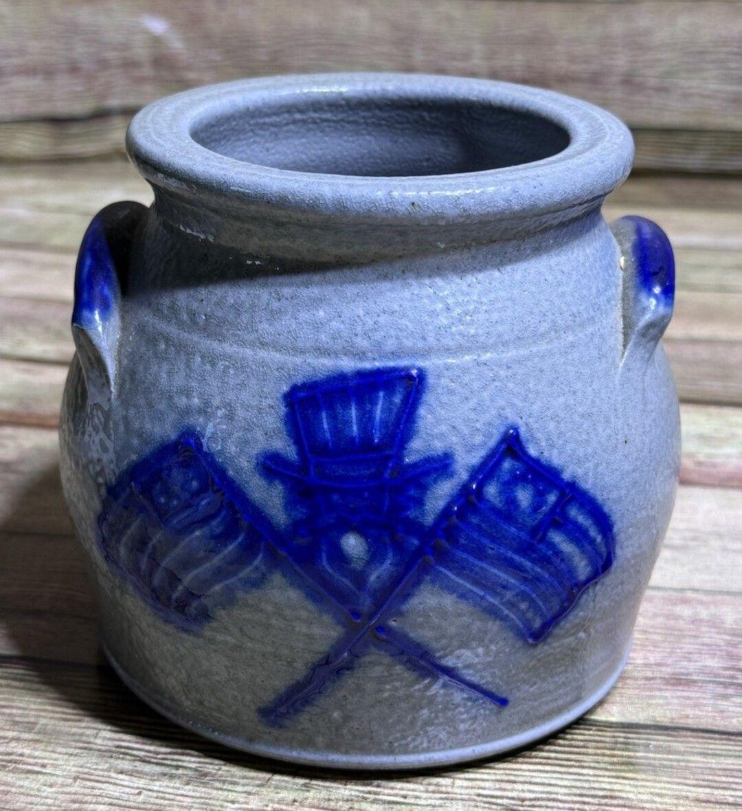 David Eldreth Pottery Crock Blue Salt Glazed W/handles Signed USA Flag ...