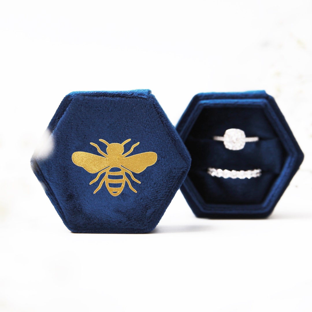 Velvet Ring Box With Bee: Navy Blue Double Ring Holder - Etsy