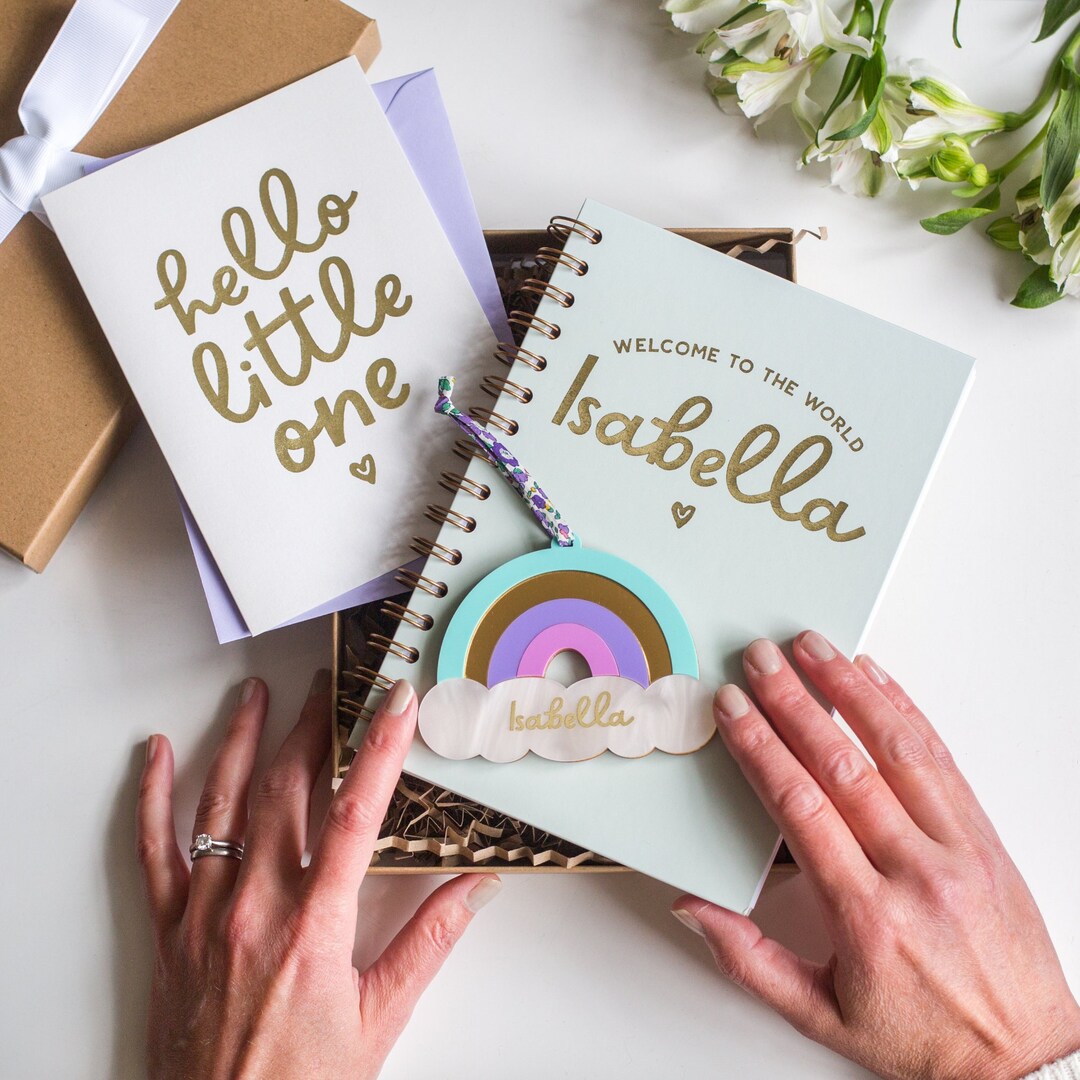 Personalised Newborn Gift Box: Rainbow Keepsake, Baby Journal & Card ...