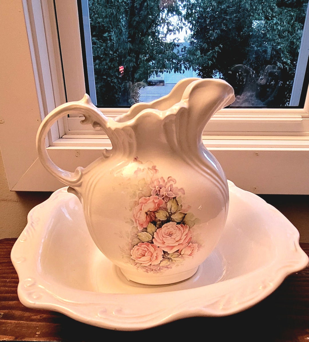 Pink Rose Square Shape Basin and Pitcher - Washstand Set - Bedroom Wash ...