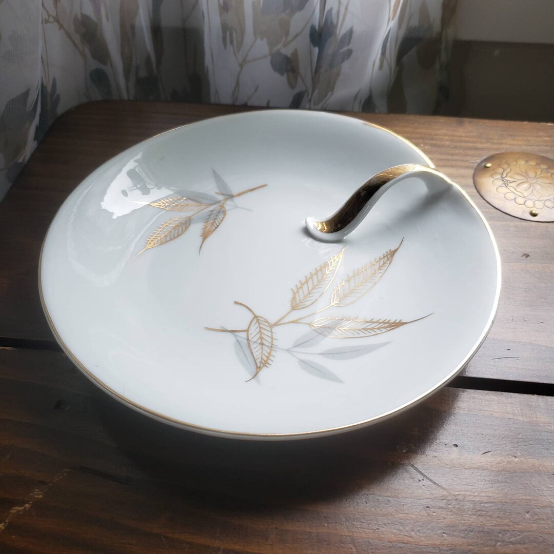 Butter Plate With Handle in Golden Leaf - Heavy Mid Century Gold Trim ...