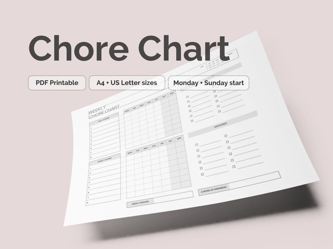 Chore Chart Printable A4 US Letter Sizes Family Chore Chart Reward ...