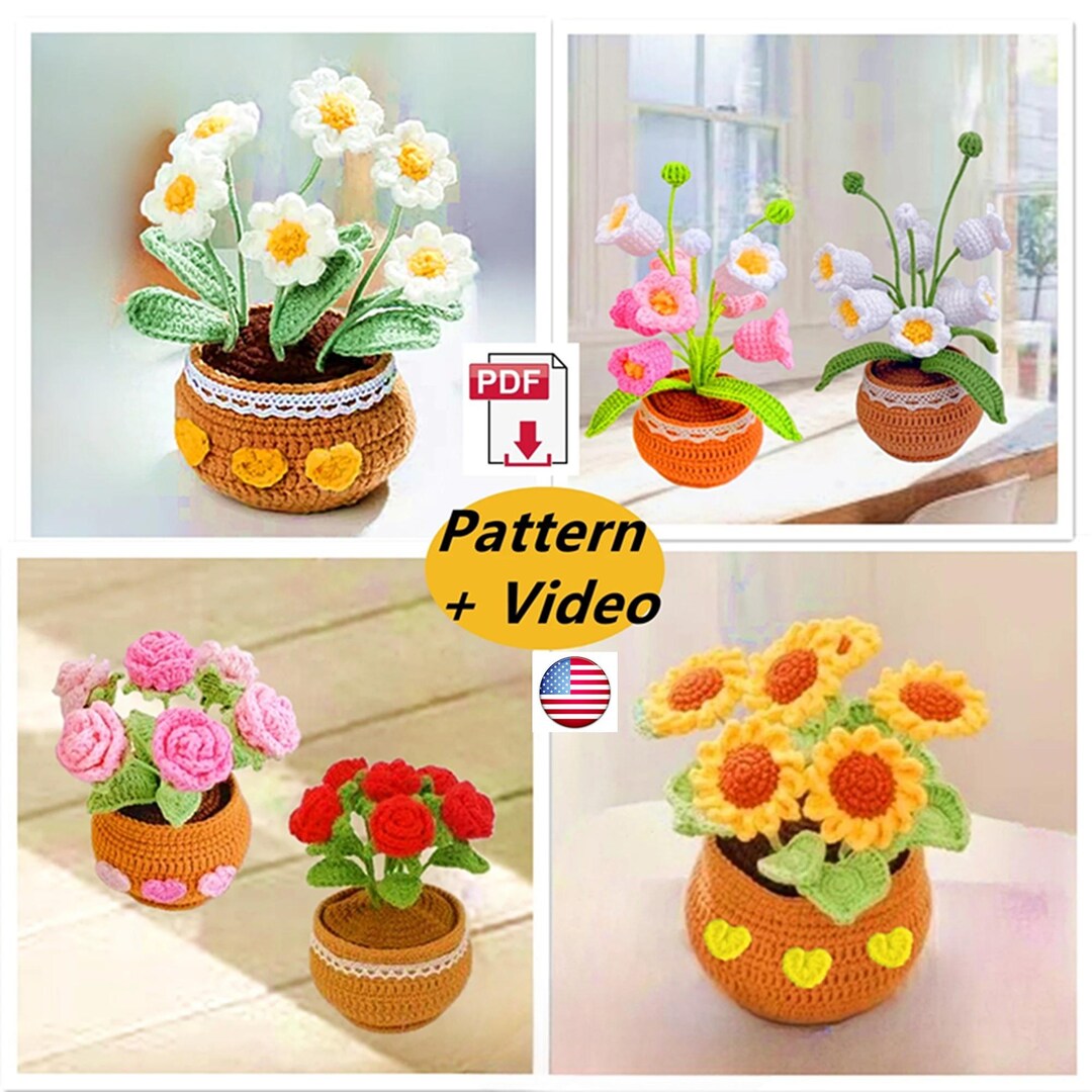 Crochet Flower Pot Patterns: Rose, Lily, Daisy, Sunflower (PDF Download ...