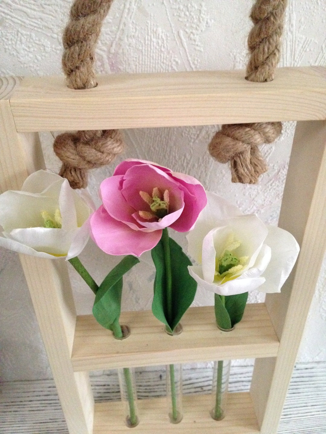 Artificial White Handmade Tulips Pink Faux Tulips Bouquet in Vase Table ...