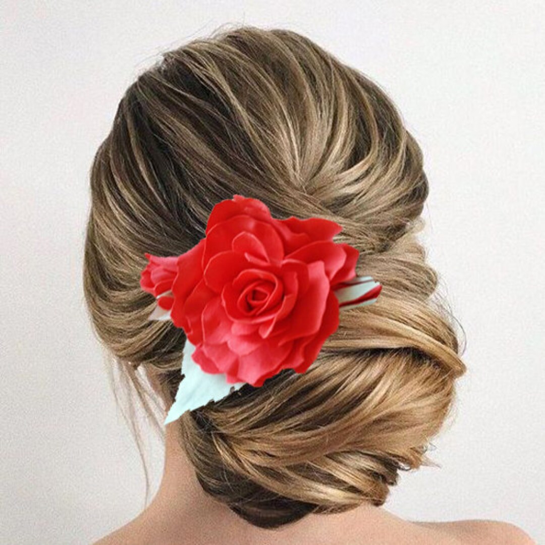 Red Rose Hair Clip Bridal Red Flower Hairpiece Red Wedding Headpiece ...