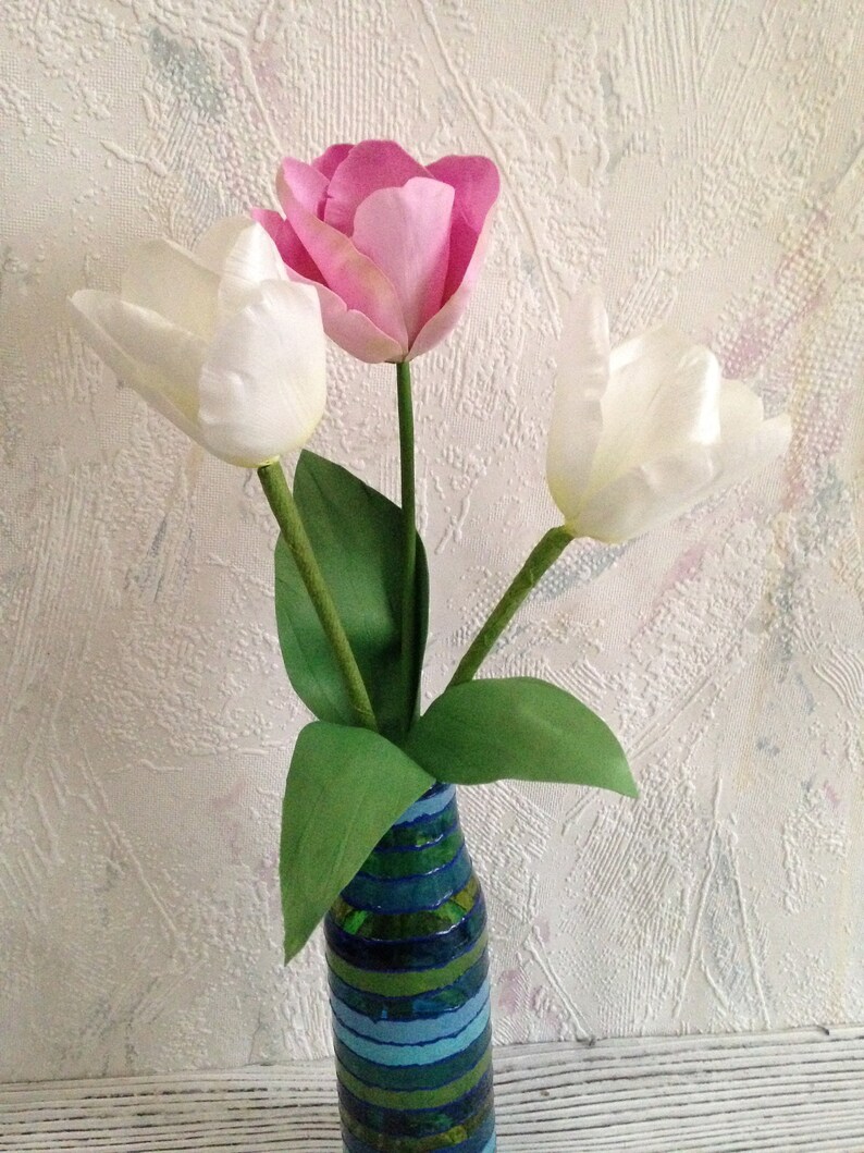 Artificial White Handmade Tulips Pink Faux Tulips Bouquet in Vase Table ...