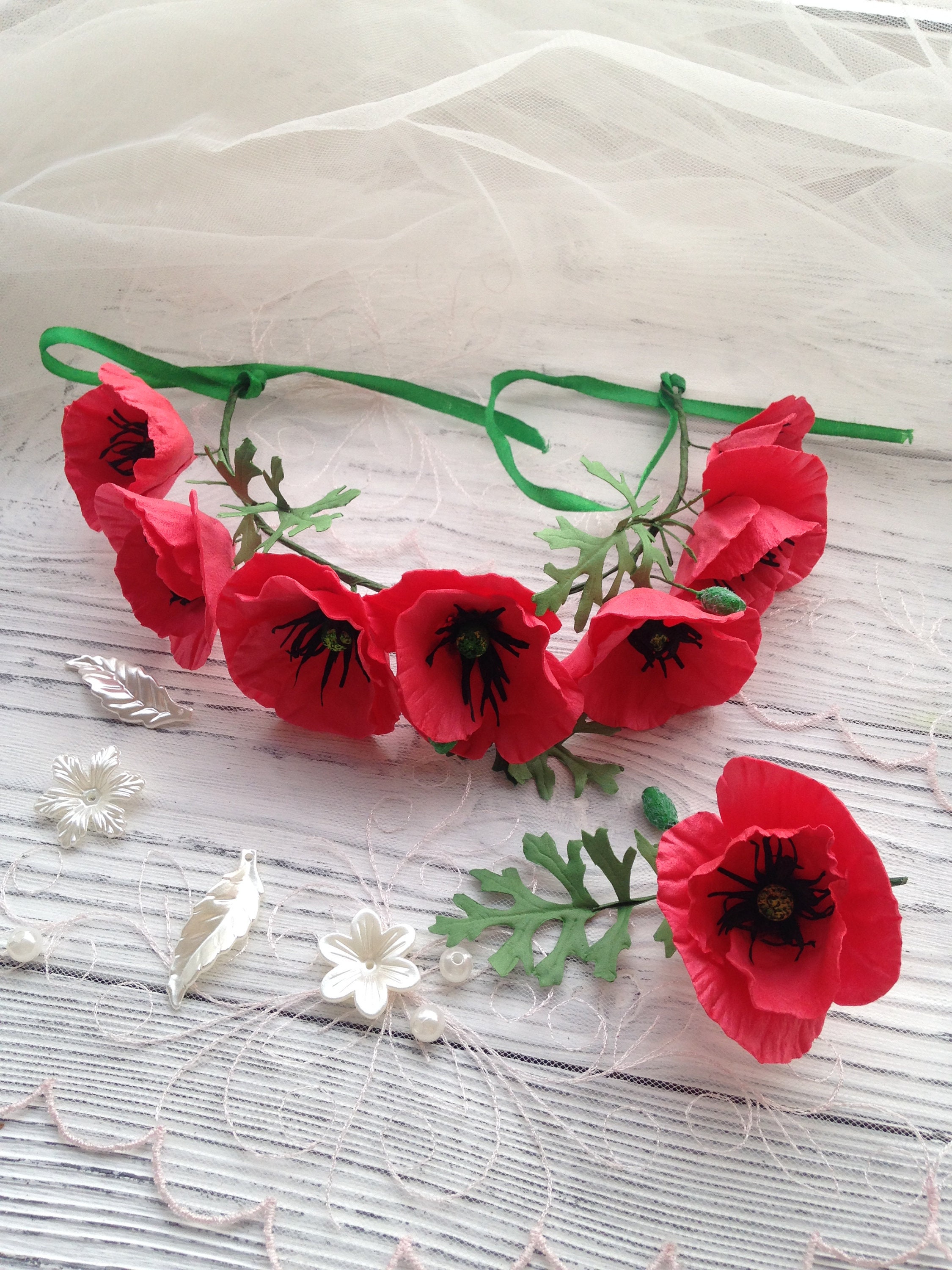 Red Poppy Wedding Crown Red Bridal Floral Headpiece Poppy Flower Wreath ...