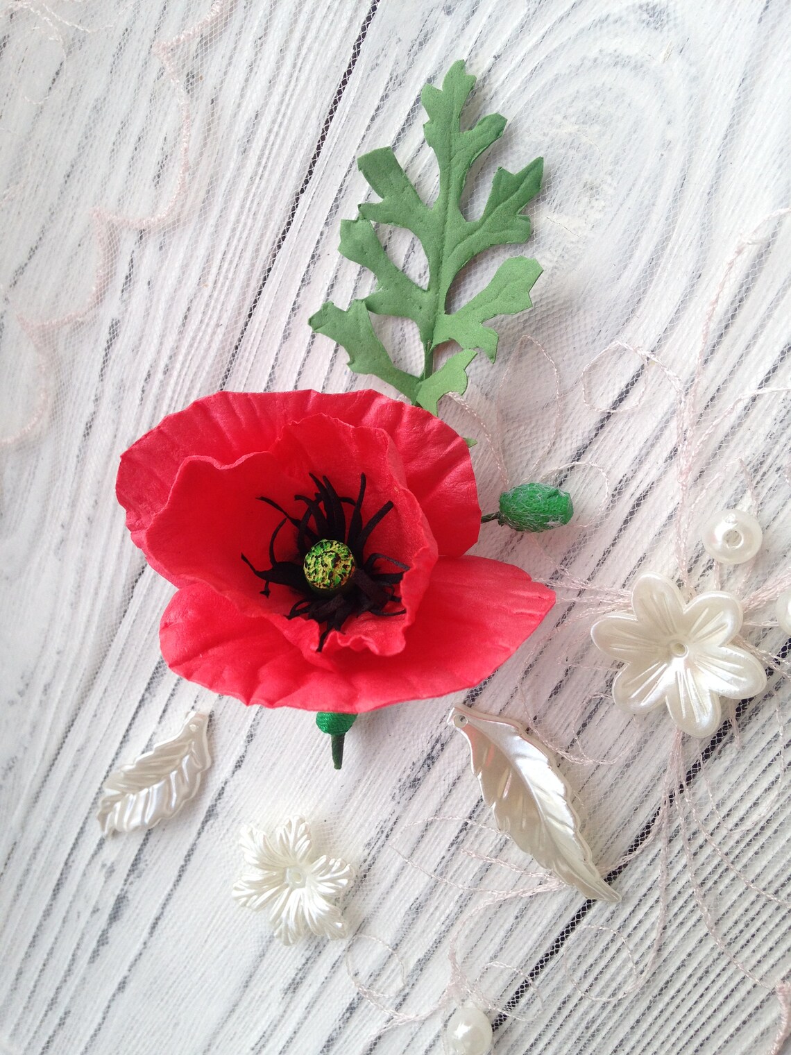 Red poppy brooch Red flower brooch for straw hat Rustic | Etsy