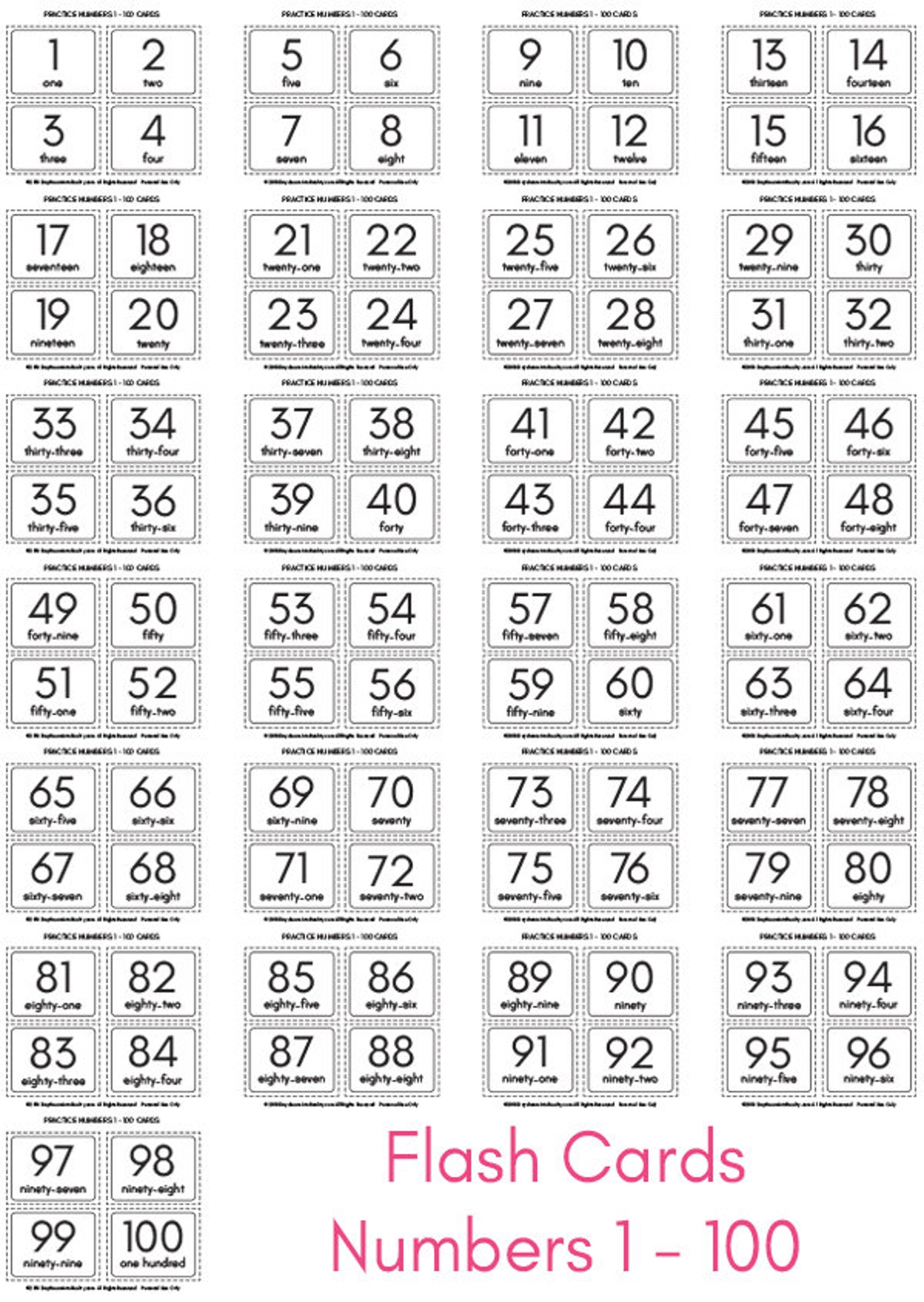 Practice Numbers 1 to 100 Flash Cards Black and White! Instant Download ...
