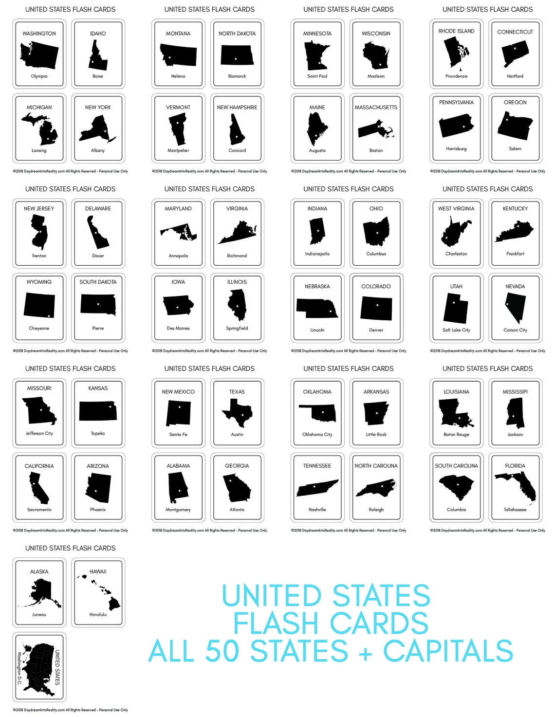 United States Capitals Flash Cards - Digital Download - Etsy