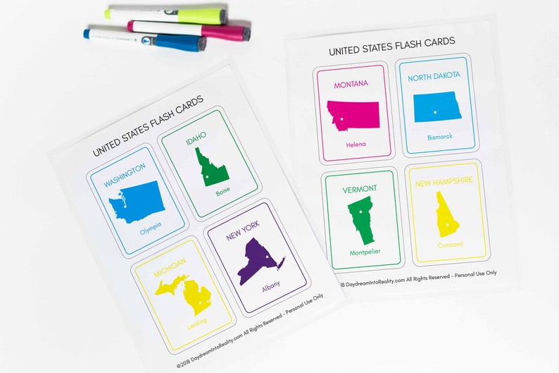 United States Capitals Flash Cards Assorted Colors - Digital Download ...