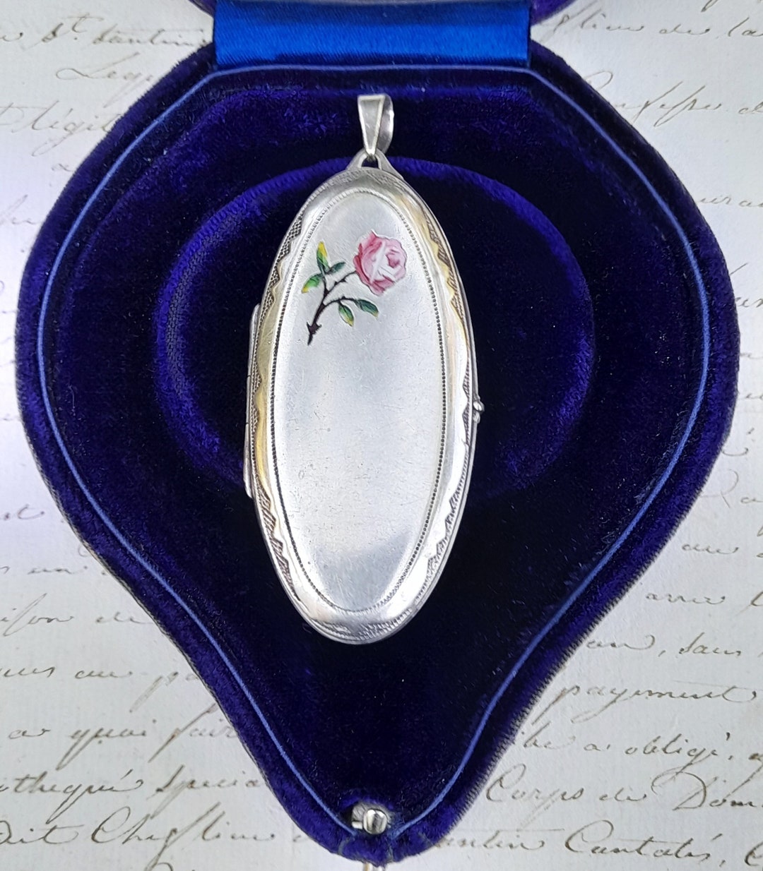 Art Deco Kollmar & Jourdan Alpaka Silver Locket With Pink Enamel Rose ...