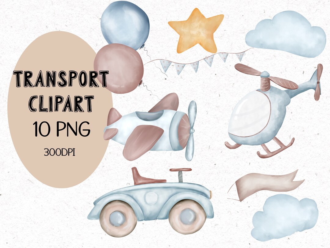 Car, Plane, Helicopter Clipart, Transport Clip Art, Soft Watercolour ...