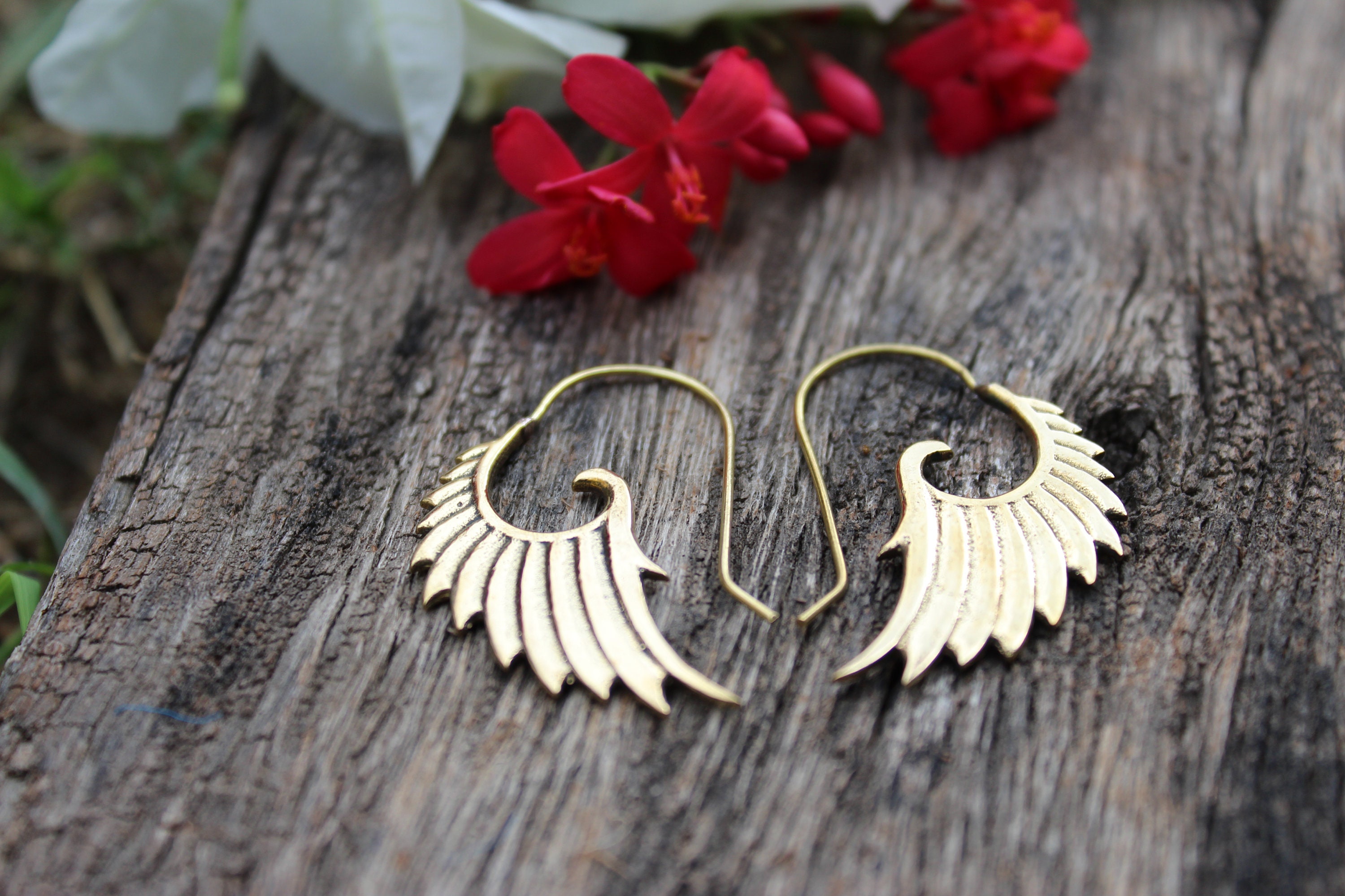 Wings Earrings Statement Earringsbrass Feather Earrings - Etsy