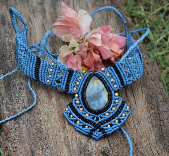 Blue Macrame Necklace With Natural Labradorite Stone and Brass | Etsy