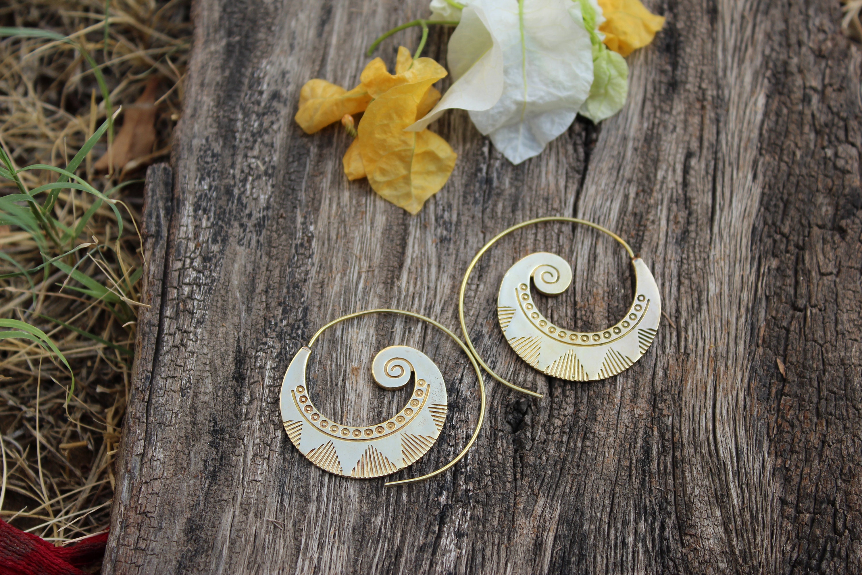Spiral Earrings Engraved Earrings Brass Earringsboho | Etsy