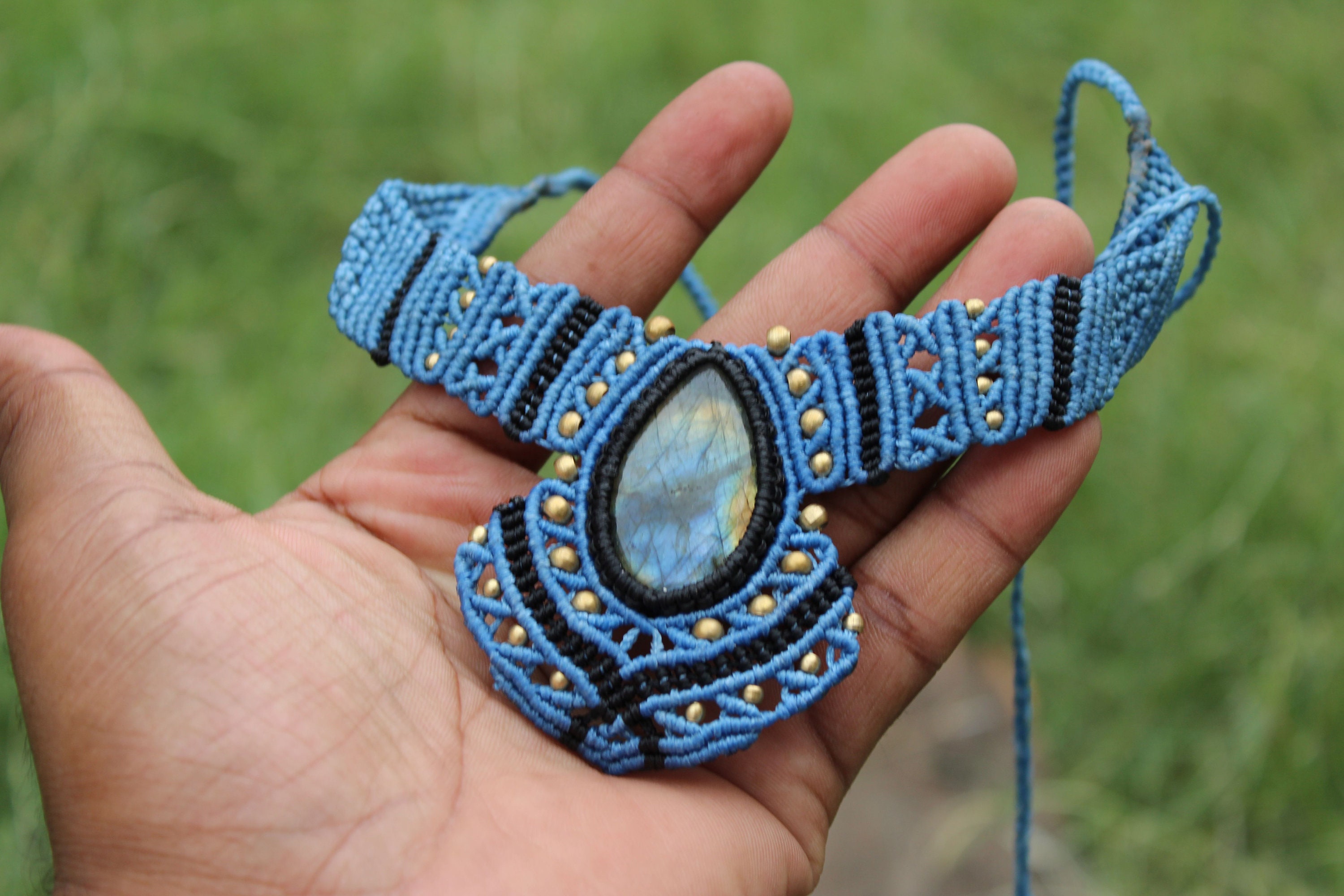 Blue Macrame Necklace With Natural Labradorite Stone and Brass | Etsy