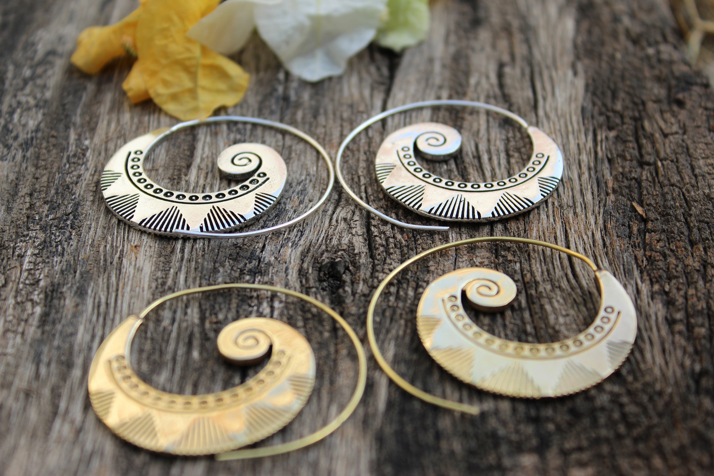 Spiral Earrings Engraved Earrings Brass Earringsboho | Etsy