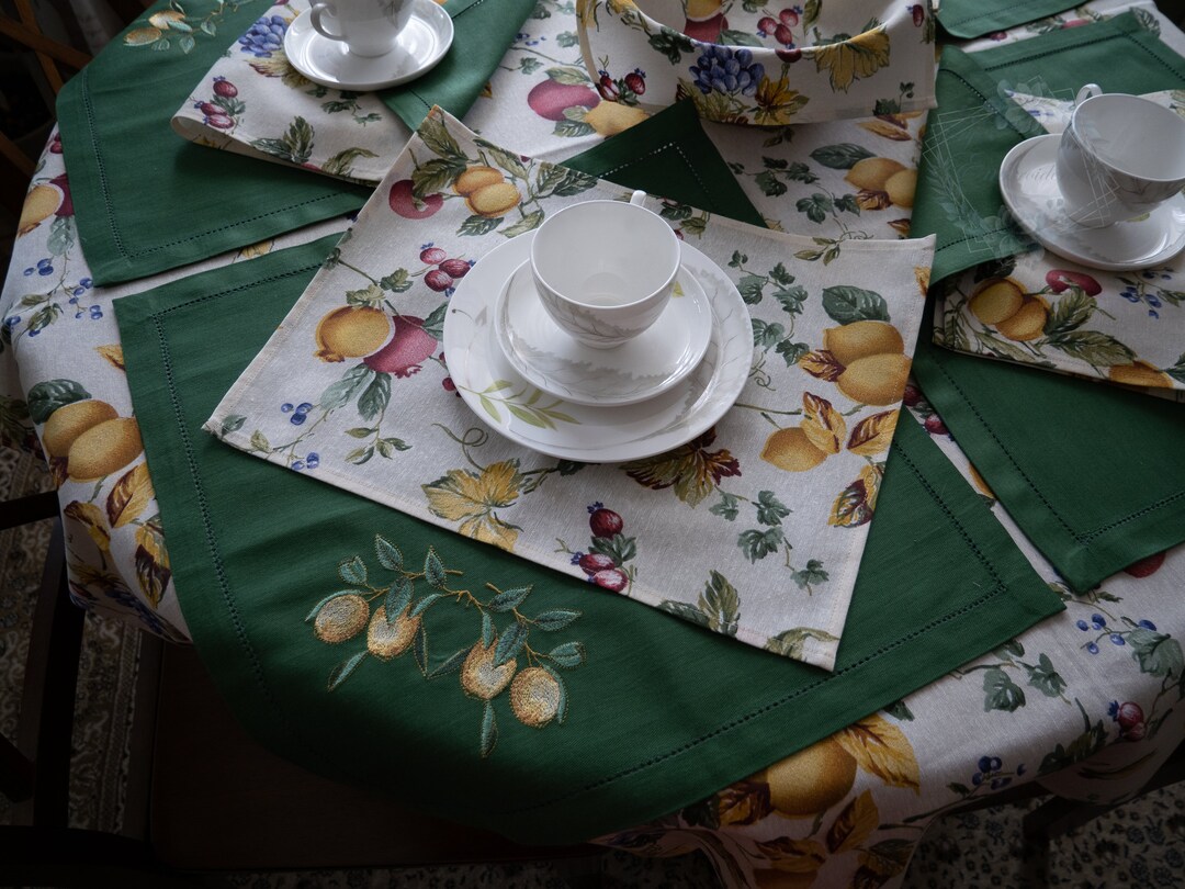 Lemon Table Linen Set: Embroidered Napkins, Placemats, Tablecloth ...