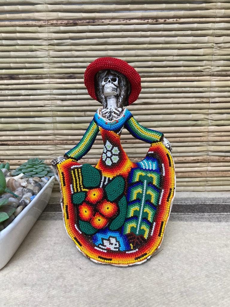 huichol decor beaded Catrina skeleton mexican Catrina huichol beadwork ...