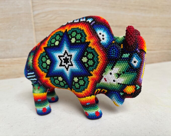 Handmade Huichol Beaded Buffalo Figurine, Colorful Mexican Folk Art ...