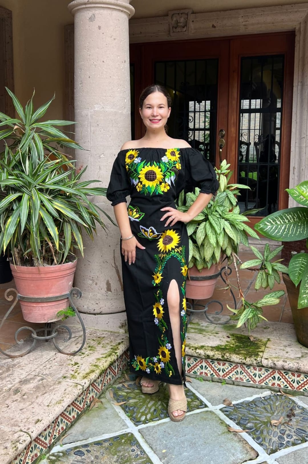 Mexican Long Dress, Shoulderless Mexican Embroidered Dress, Sunflower ...