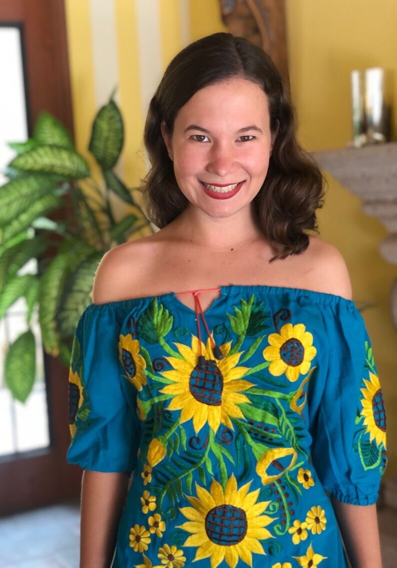 Shoulderless Sunflower Mexican Dress Mexican Floral Dress | Etsy