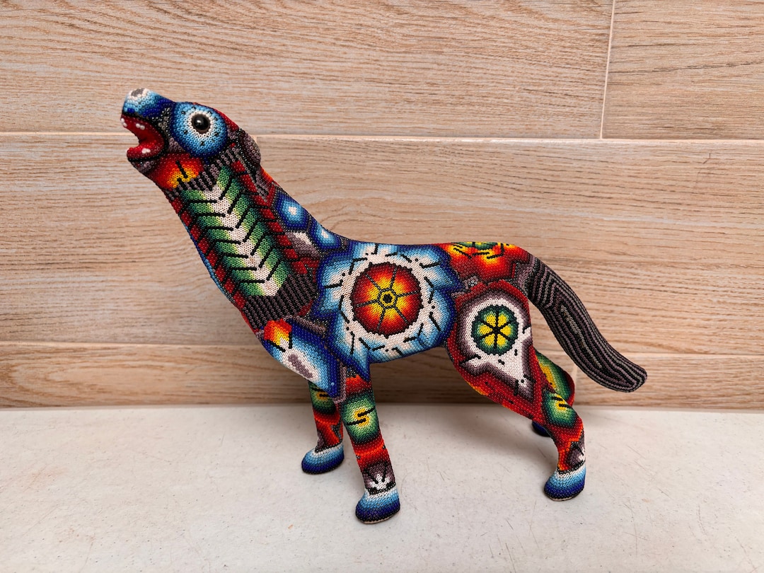 Huichol Coyote Statue, Huichol Art Figure, Huichol Coyote Decor ...