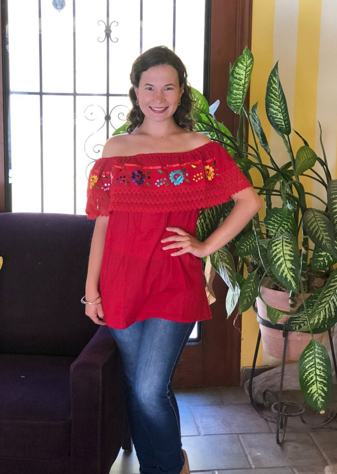 Blusa campesina floral mexicana, blusa hombros caídos, blusa bordada a ...