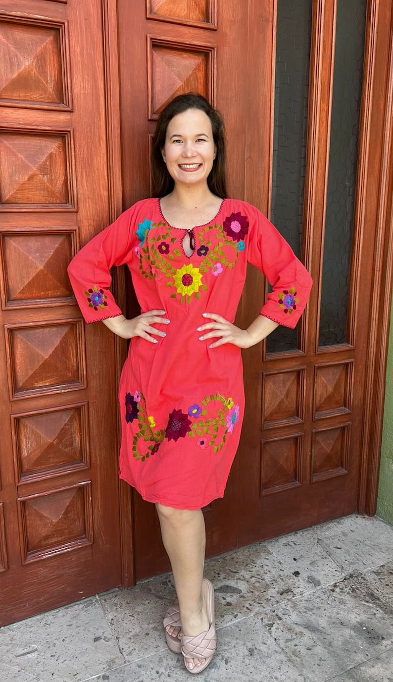 Hand Embroidered Mexican Floral Dress: 3/4 Sleeve Ethnic Dress - Etsy