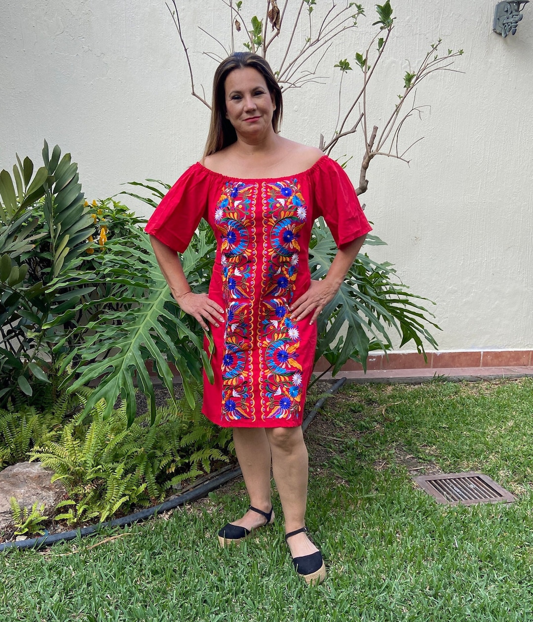Mexican Dress, Floral Embroidered Dress, Handmade Dress, Shoulderless Mexican Dress. - Etsy