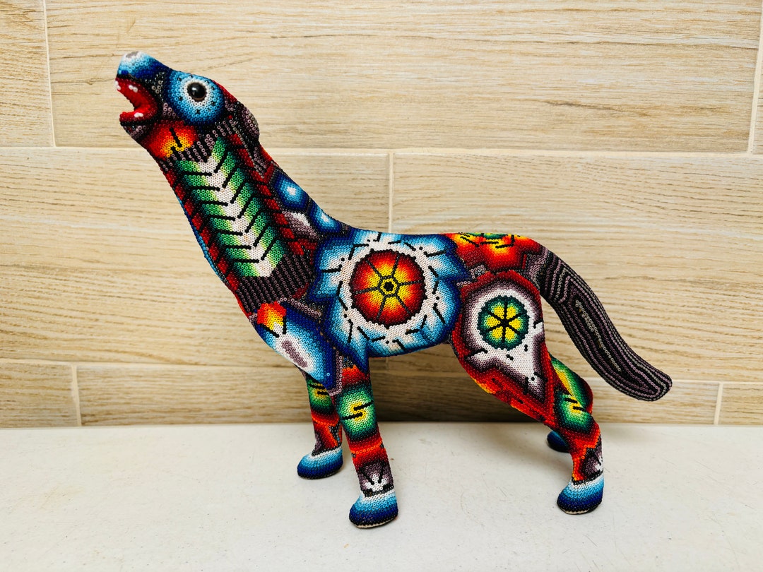 Huichol Beaded Coyote Statue: Handmade Mexican Art Decor - Etsy