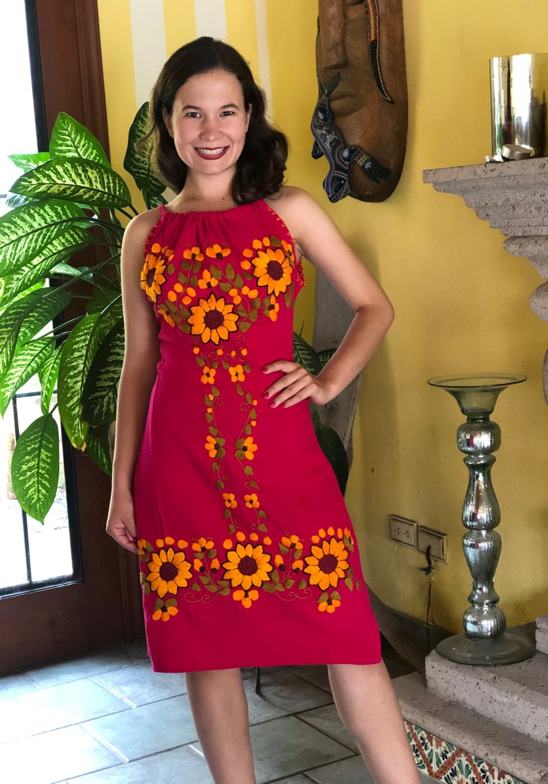 Hand Embroidered Mexican Halter Dress: Floral Artisan Design - Etsy