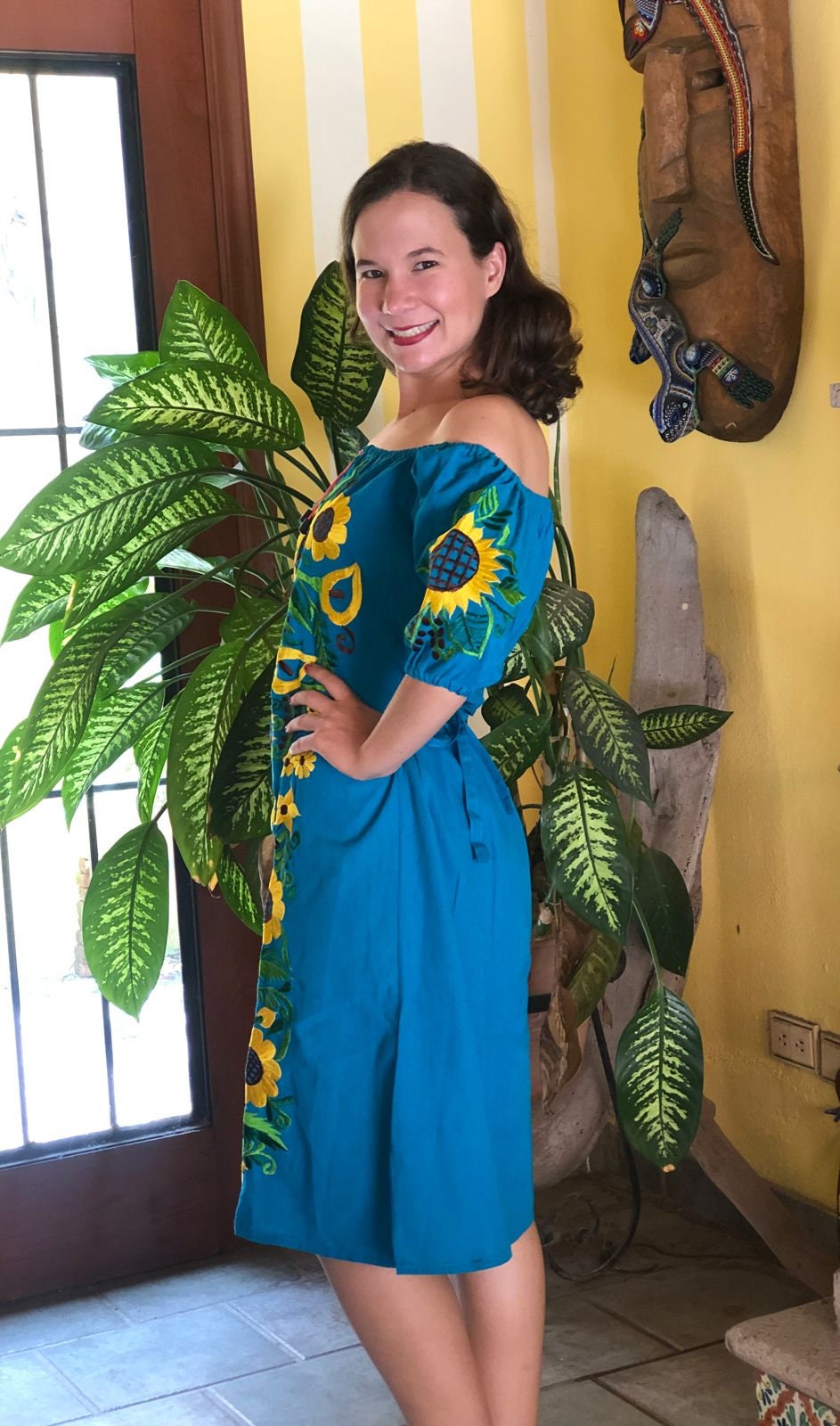 Shoulderless Sunflower Mexican Dress Mexican Floral Dress | Etsy