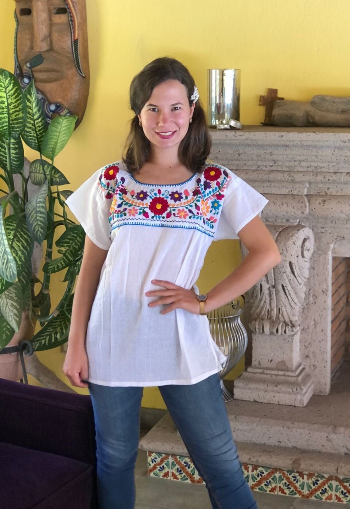 Traditional Mexican Hand Embroidered Blouse, Multicolored Floral ...