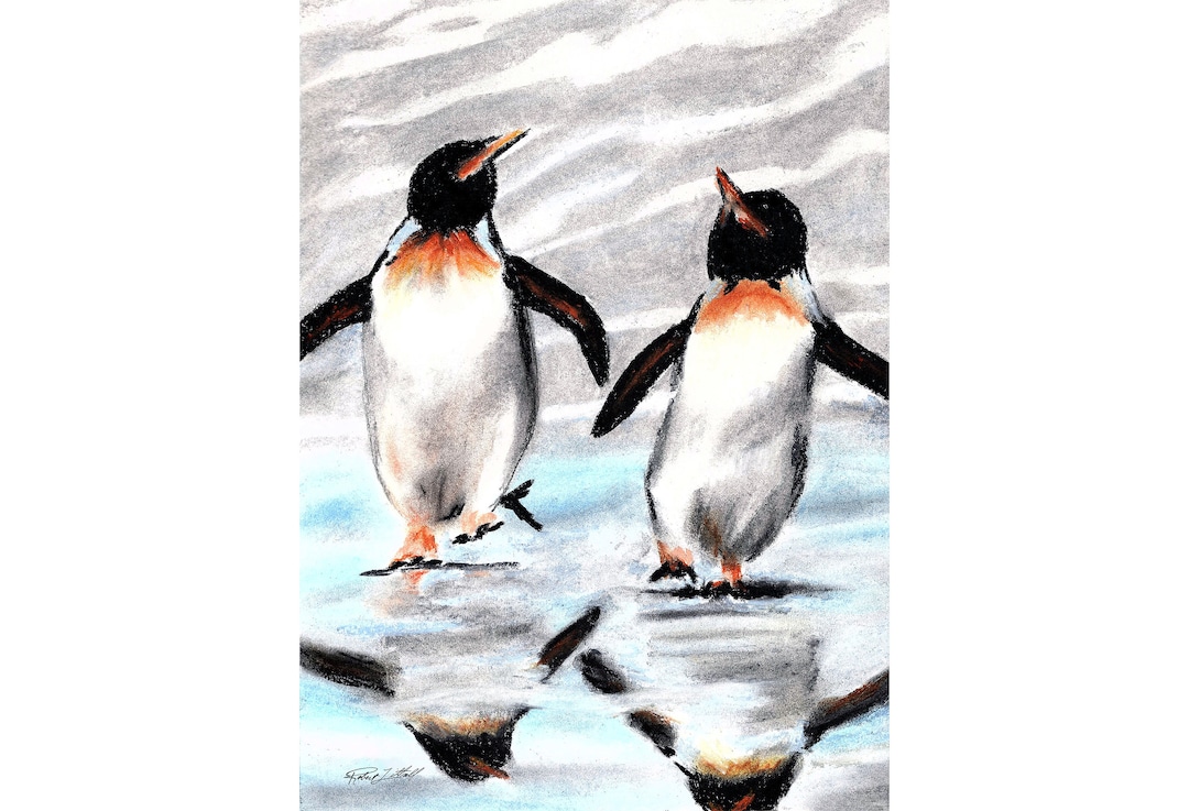 Penguins Pastel Pencil Drawing, Penguin Art, Penguin Print, Original ...