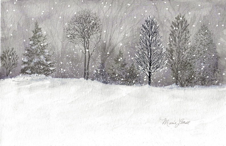 ORIGINAL Watercolor Painting Art Print, Snowy Winter Blizzard Scene ...