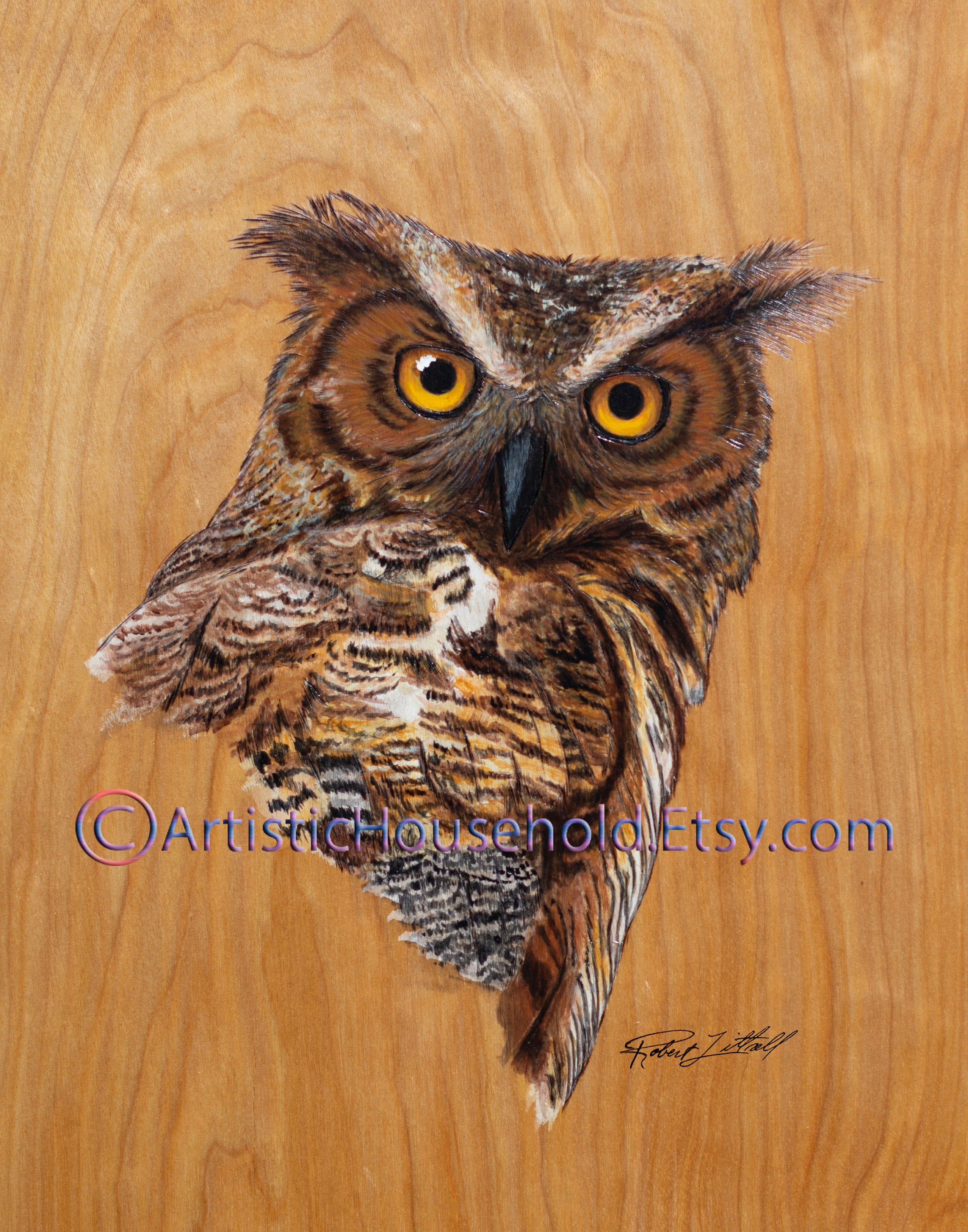 Original Painting & Pyrography on Wood, Great Horned Owl, Painted ...