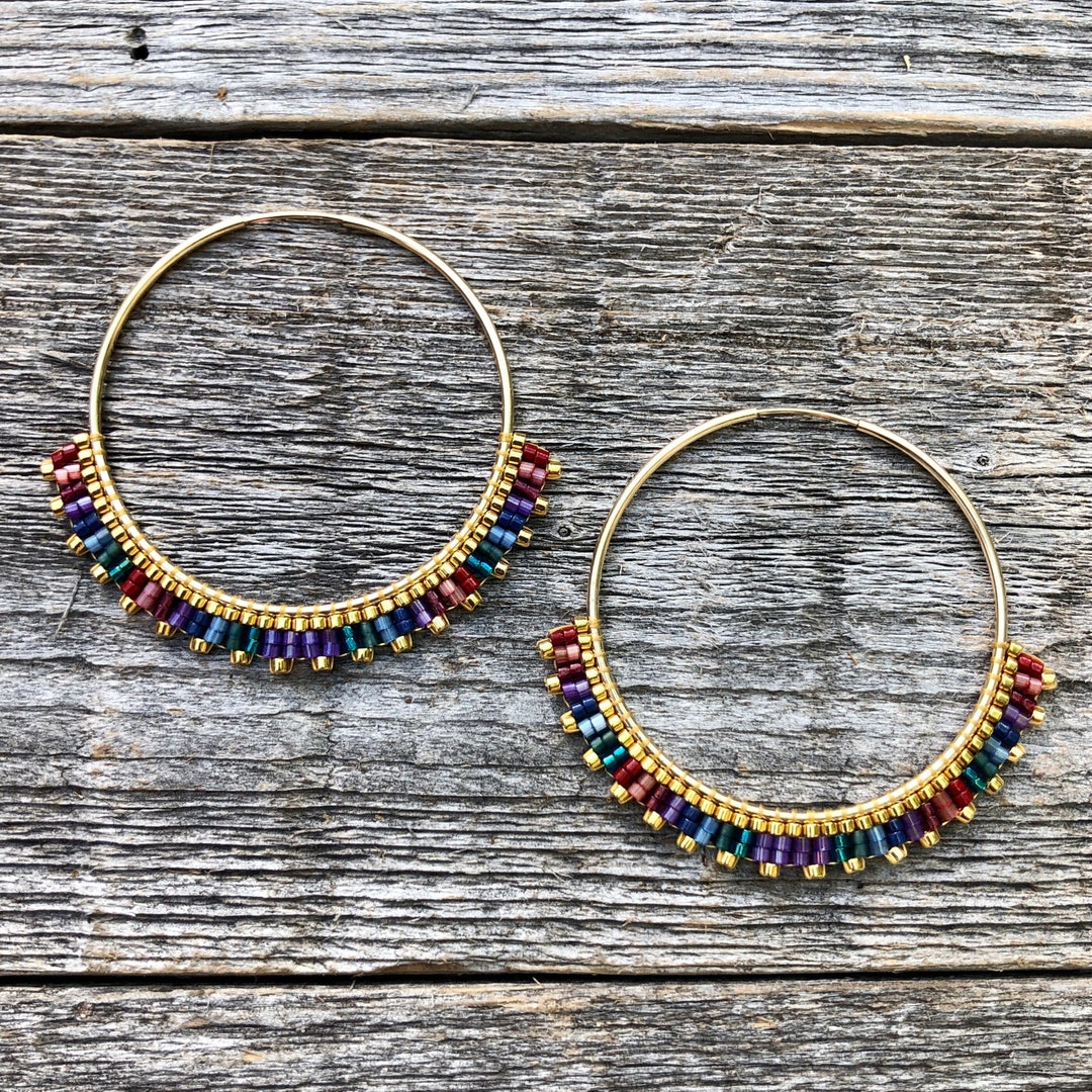 Beaded Hoop Earrings 14K Gold Filled Hoops Jewel Tones LG Handwoven ...