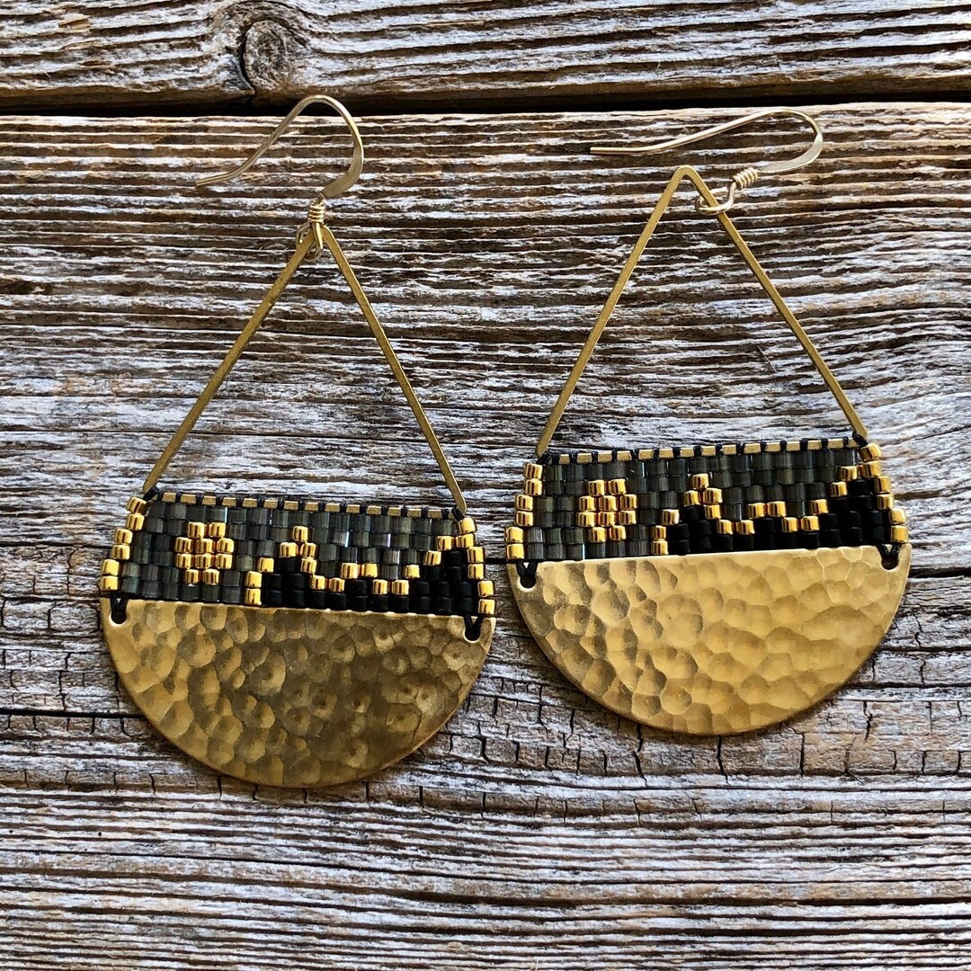 Beaded Brass Triangle Teardrops Grey & Black Landscape Handwoven ...