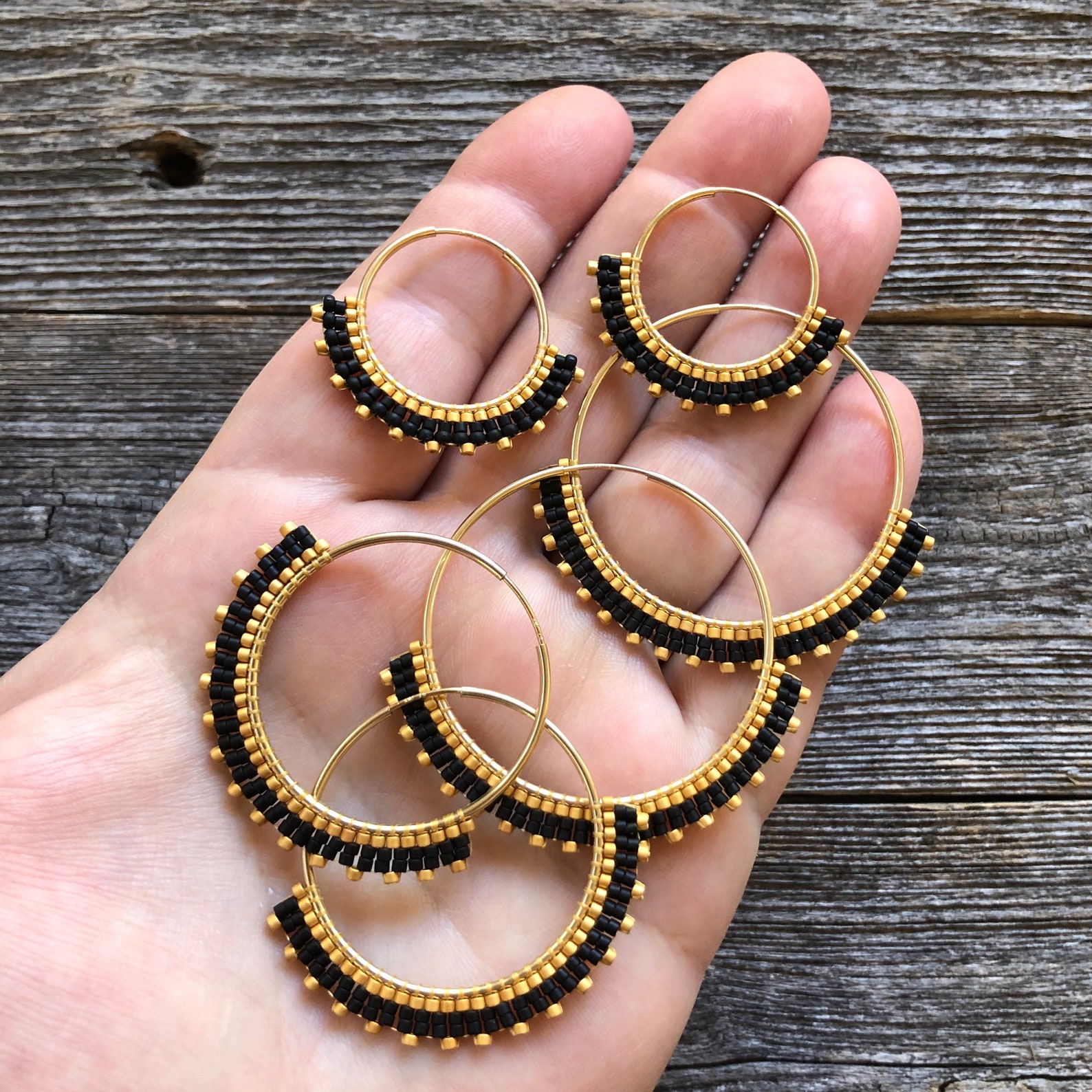 Beaded Hoop Earrings 14K Gold Filled Hoops Black & Gold LG Handwoven ...