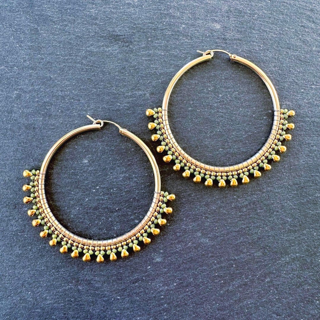 Handwoven Beaded Hoop Earrings: 14K Gold Filled, Olive Green Miyuki ...