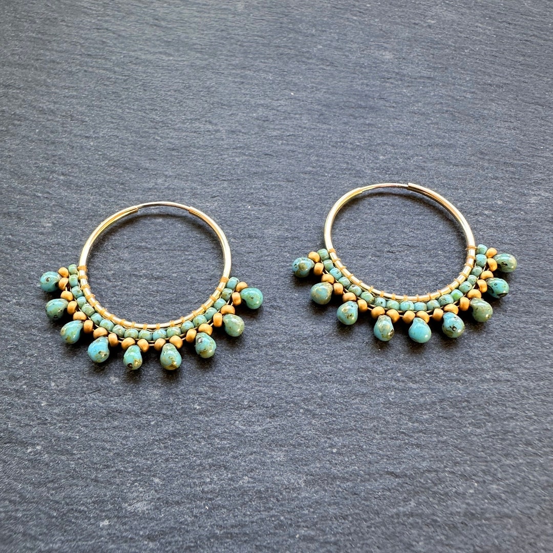 Beaded 14K Gold Filled Hoops, Small Size Beadwork Hoop Earrings, Sea ...