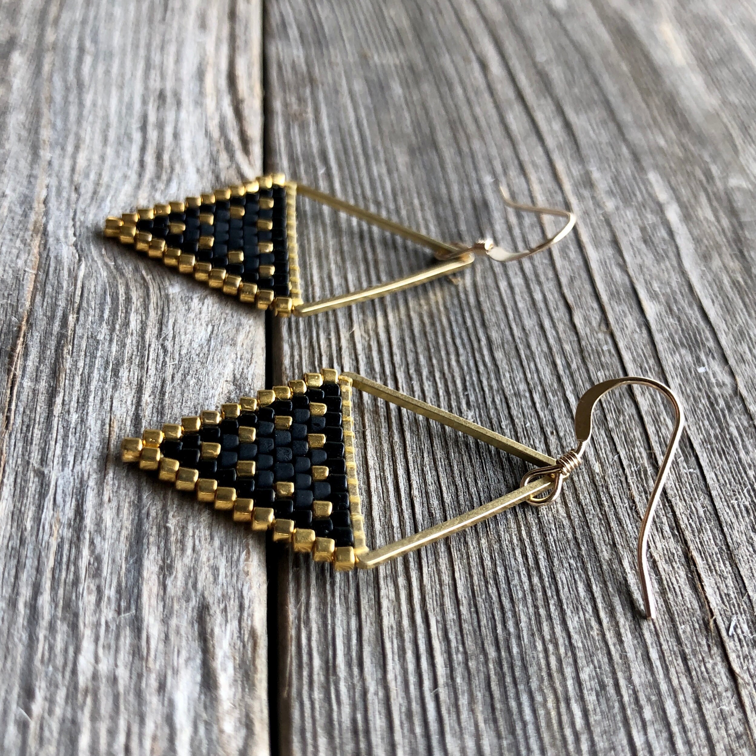 Beaded Triangle Drops Gold & Black Handwoven Beaded Seed Bead Earrings ...