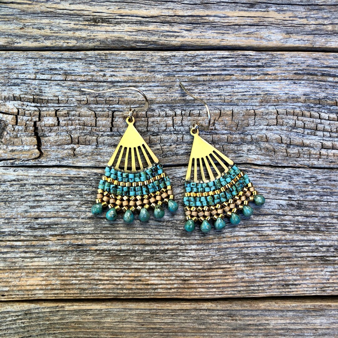 Beaded Fan Drops Gold & Turquoise Handwoven Beadwork Seed Bead Earrings ...