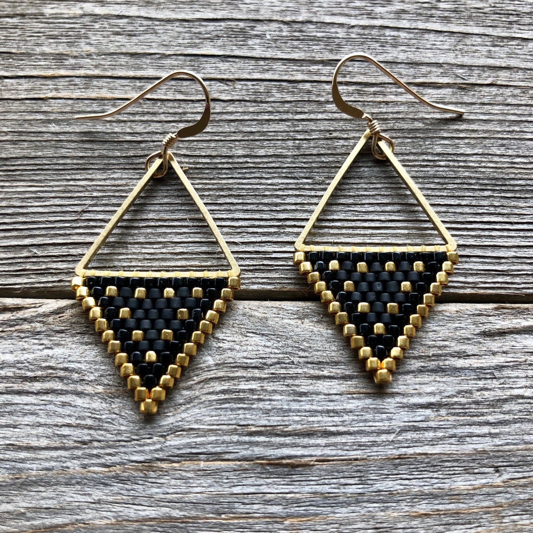 Beaded Triangle Drops Gold & Black Handwoven Beaded Seed Bead Earrings ...