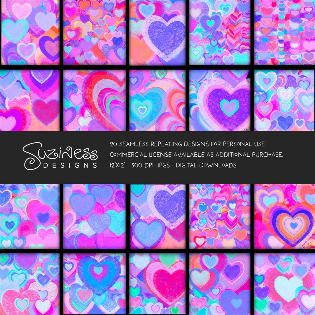 20 Vibrant Valentine Hearts Digital Scrapbook Paper Designs - 12"x12 ...